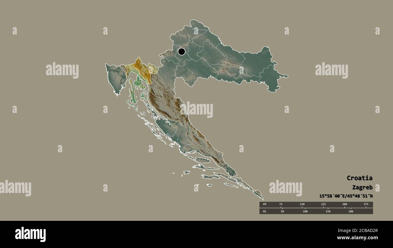 Desaturated shape of Croatia with its capital, main regional division ...
