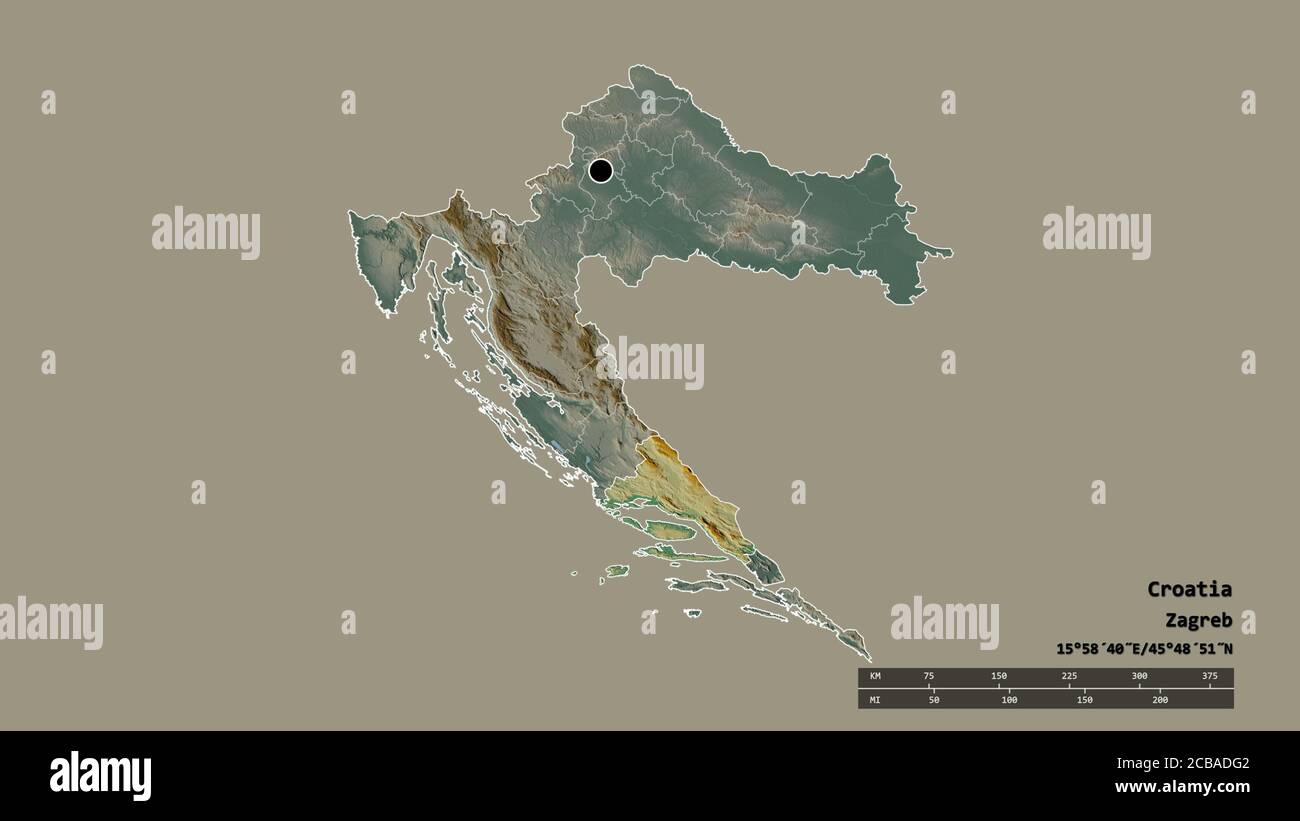 Desaturated shape of Croatia with its capital, main regional division ...