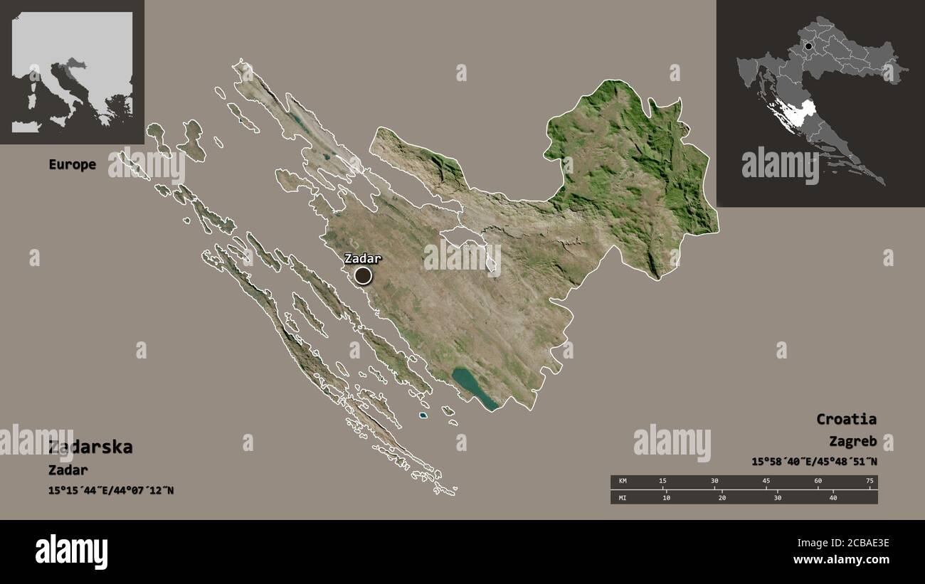 Shape of Zadarska, county of Croatia, and its capital. Distance scale ...