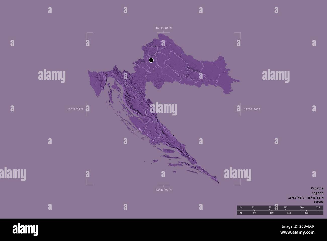 Area of Croatia isolated on a solid background in a georeferenced ...