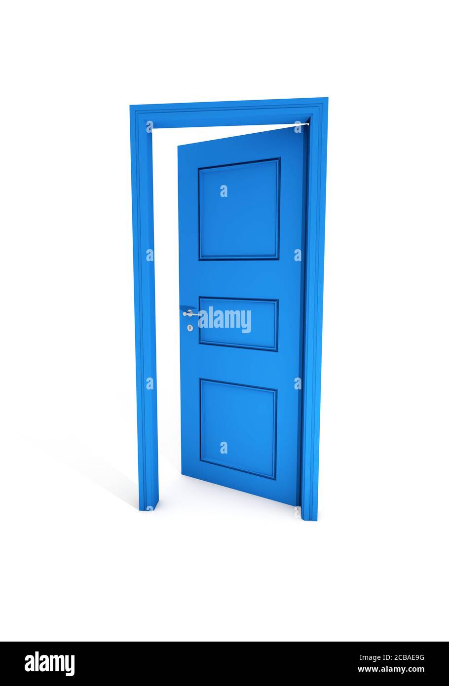 3D rendering illustration of an open blue door isolated on a white ...