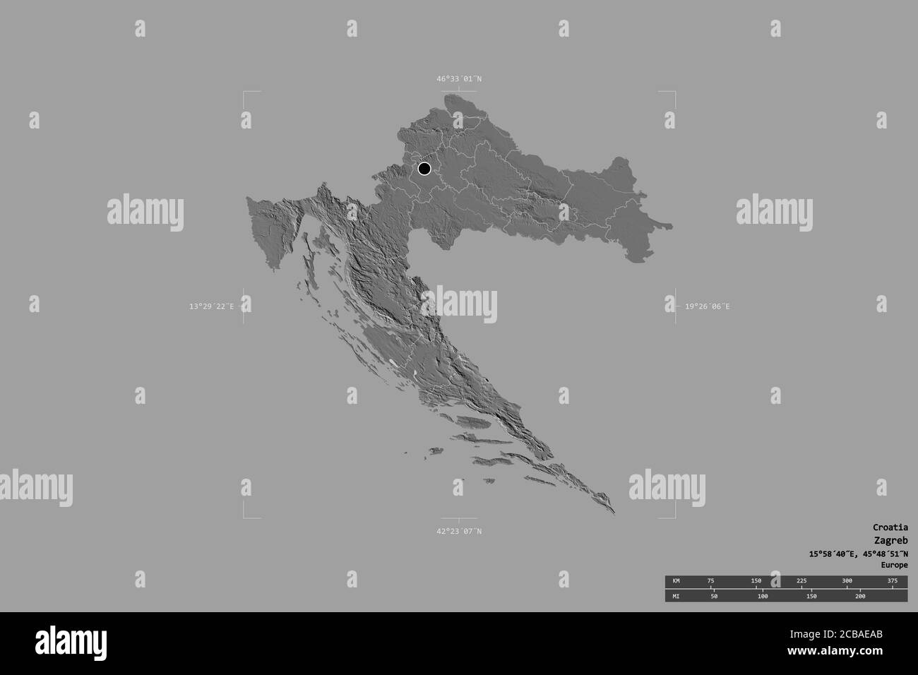 Area of Croatia isolated on a solid background in a georeferenced ...