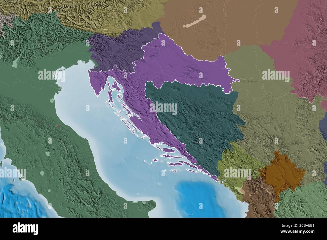 Extended area of outlined Croatia. Colored elevation map. 3D rendering ...