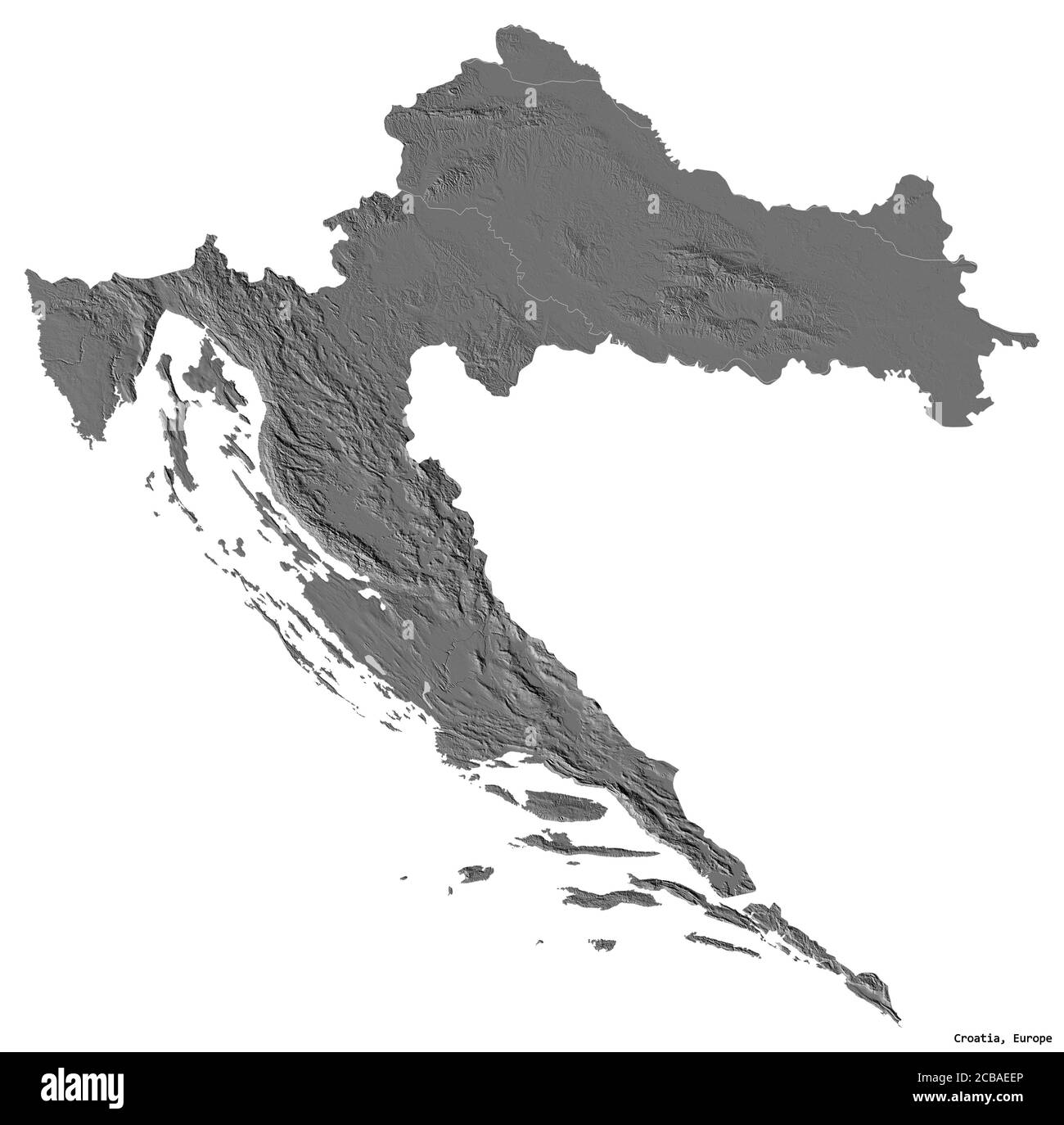 Shape of Croatia with its capital isolated on white background. Bilevel ...
