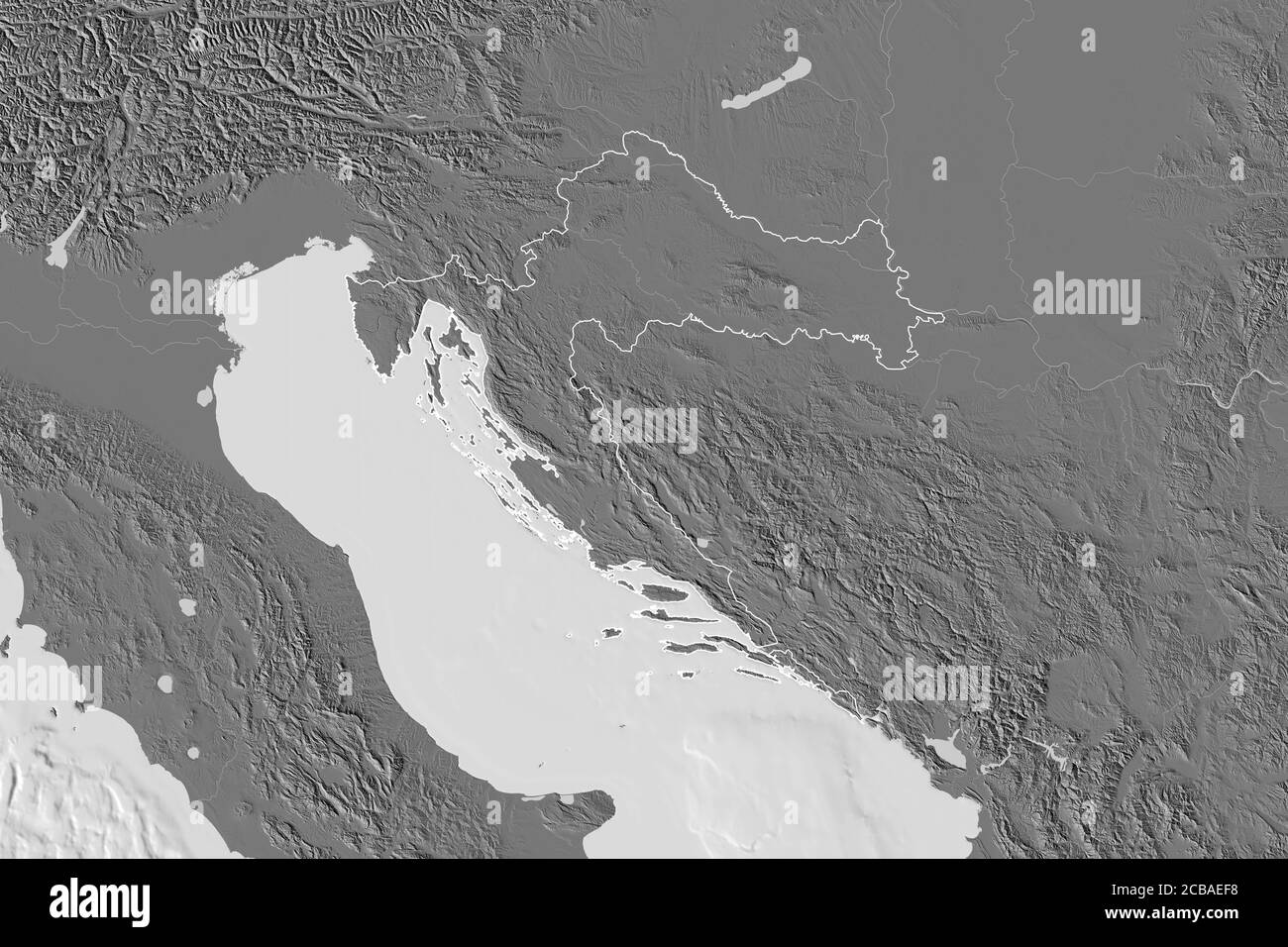 Extended area of outlined Croatia. Bilevel elevation map. 3D rendering ...