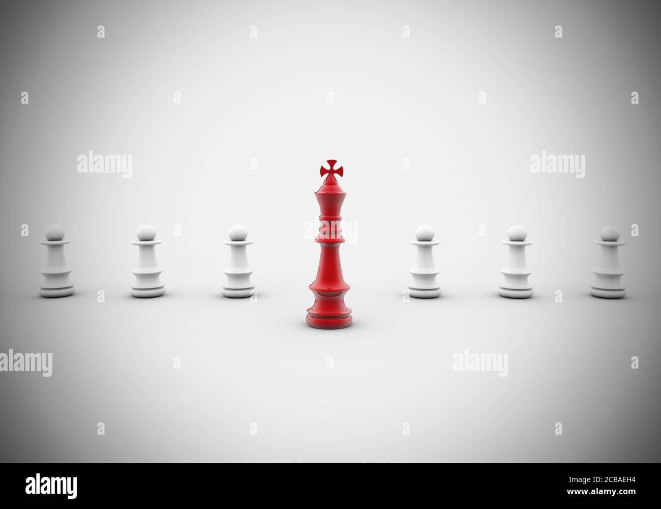 3D rendering illustration of red chess king figure among white pawns on ...