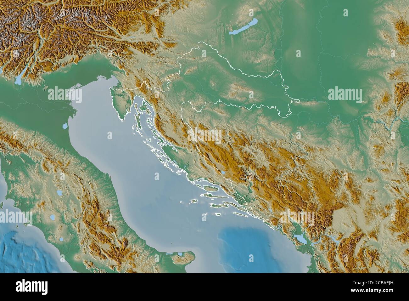 Extended area of outlined Croatia. Topographic relief map. 3D rendering ...