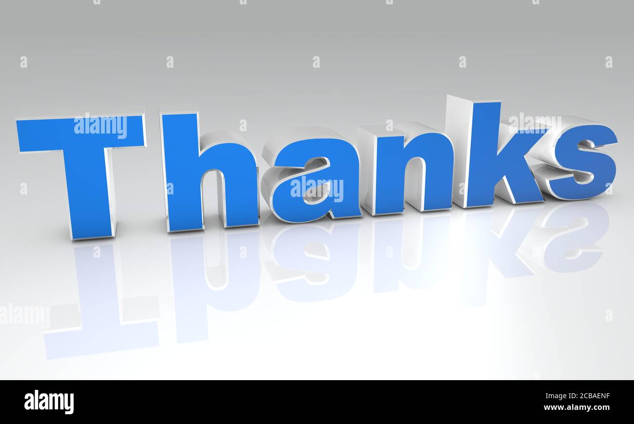 3D rendering of the word "THANKS" with blue letters on a grey ...