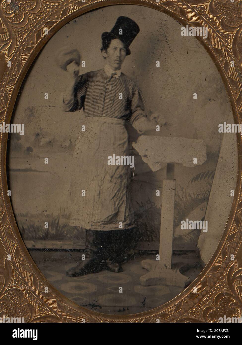 Stone Mason in Top Hat and Apron with Mallet and Chisel, 1870s-80s ...