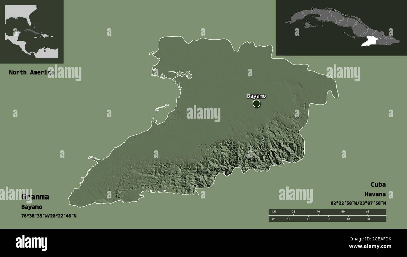 Shape of Granma, province of Cuba, and its capital. Distance scale ...