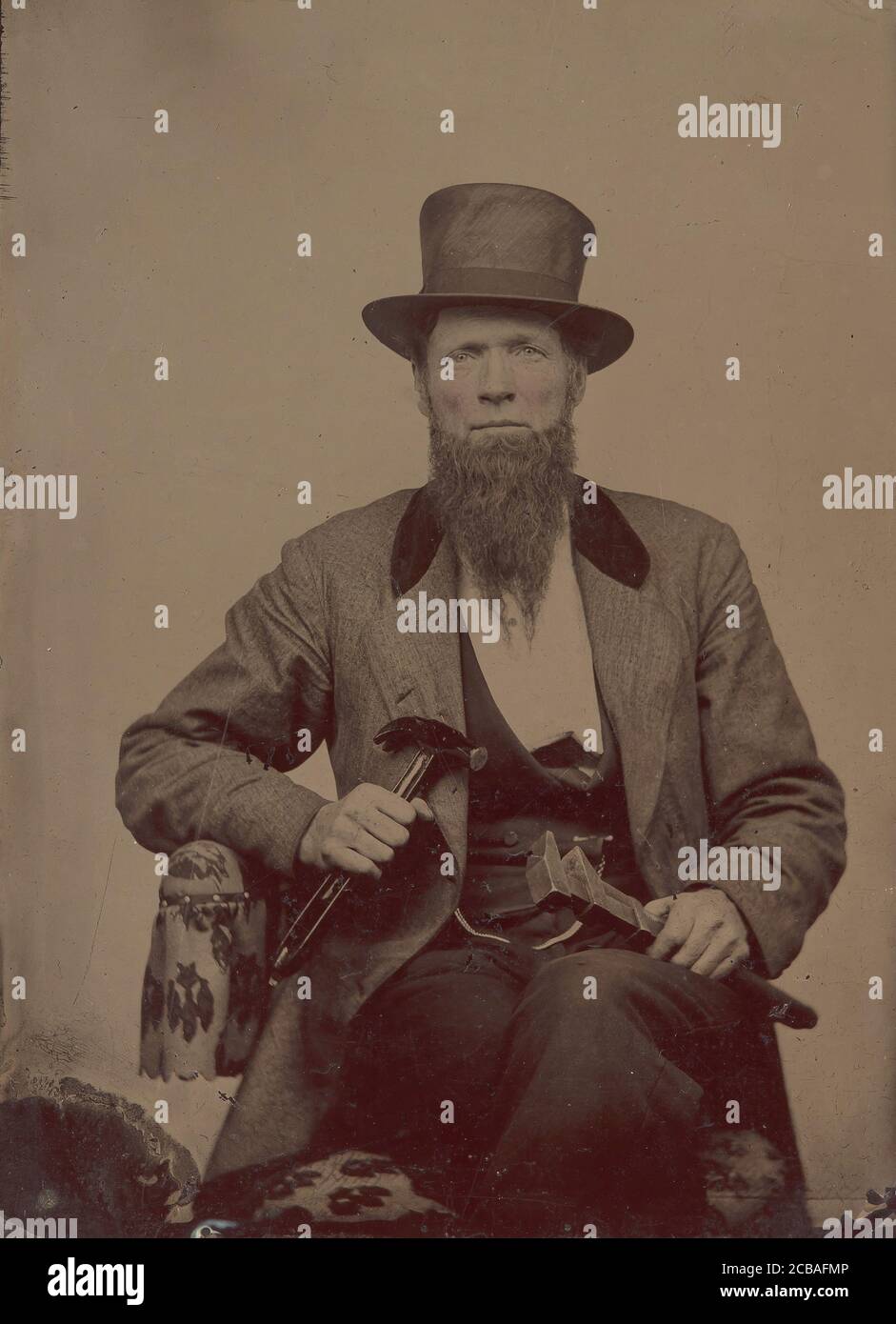 Man in Top Hat Holding a Hammer and Wrench, 1860s- early 70s Stock ...