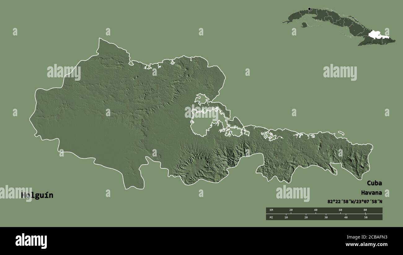 Shape of Holguín, province of Cuba, with its capital isolated on solid ...
