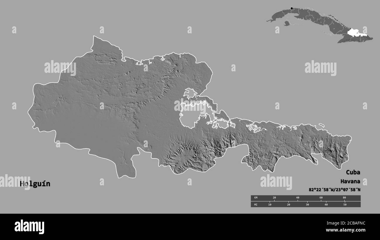 Shape of Holguín, province of Cuba, with its capital isolated on solid ...
