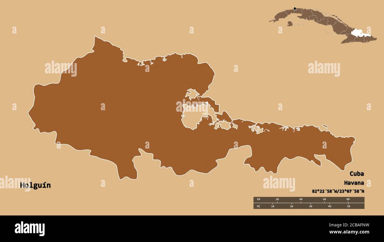 Shape of Holguín, province of Cuba, with its capital isolated on solid ...