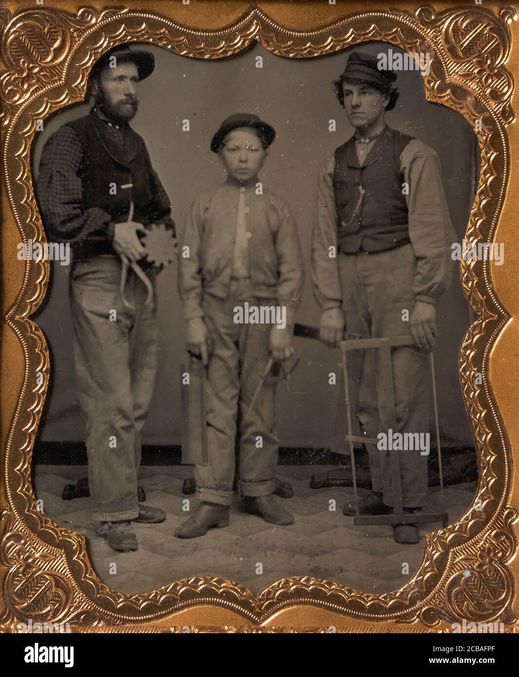 Two Men and a Boy with Outside Calipers, Backsaw, Square, and Frame Saw ...
