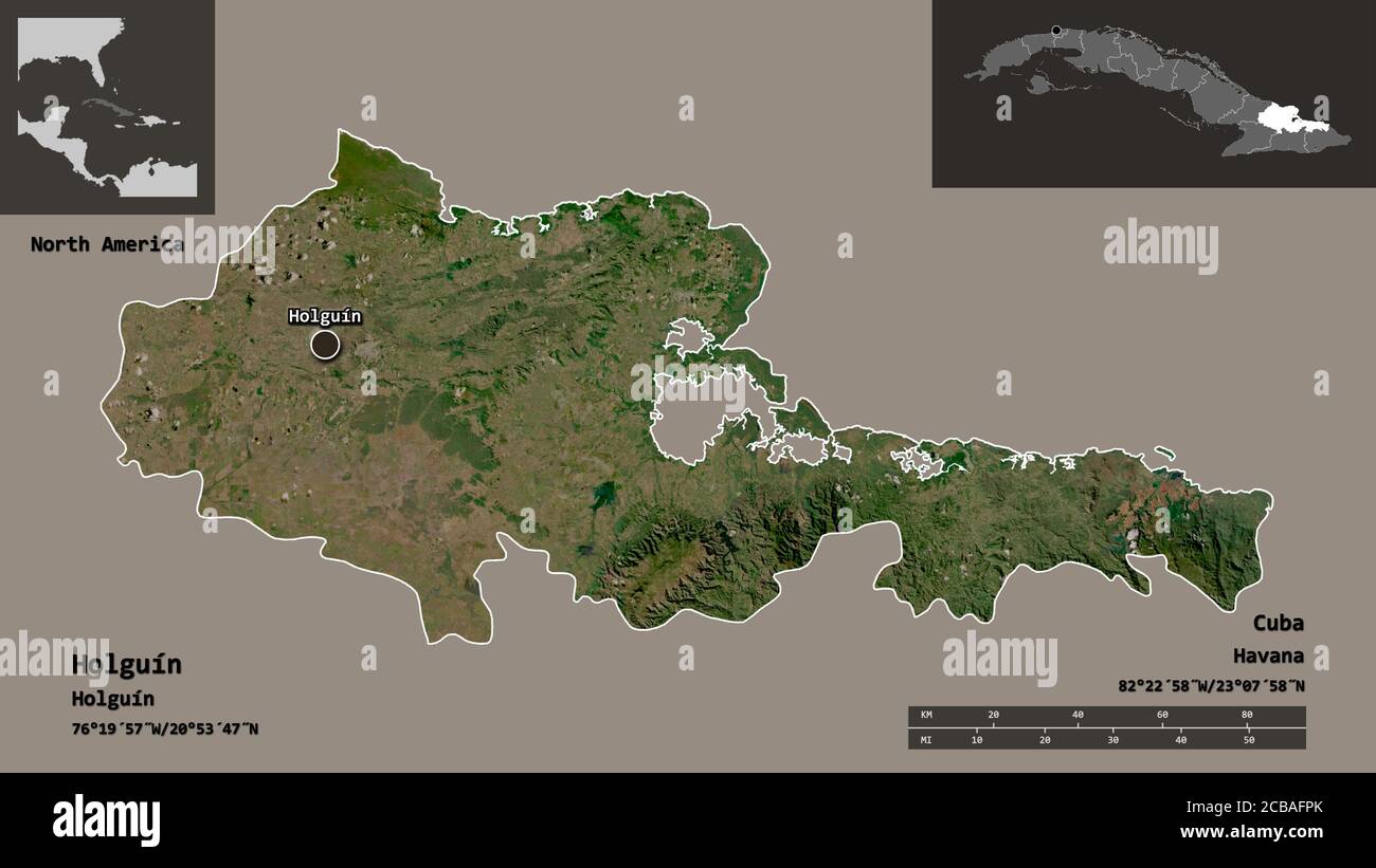 Shape of Holguín, province of Cuba, and its capital. Distance scale ...