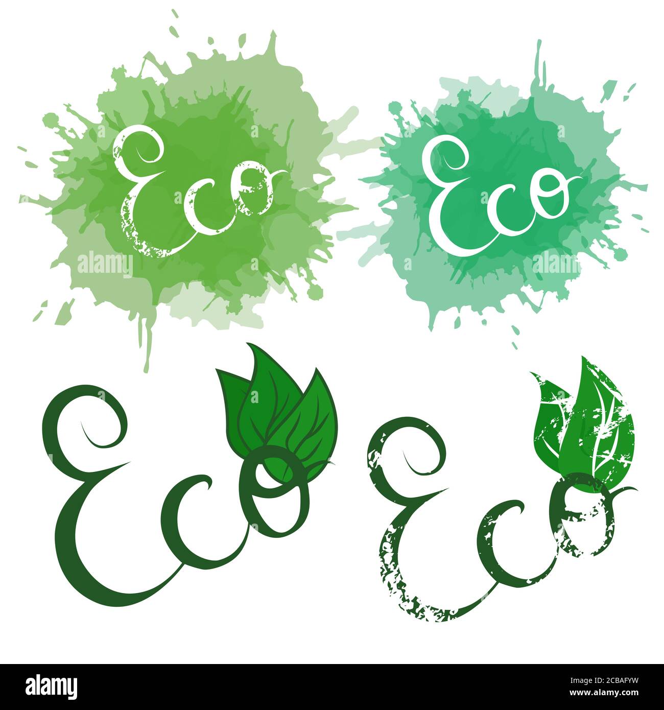 Set of handwritten calligraphy inscription Eco with watercolor splashes ...
