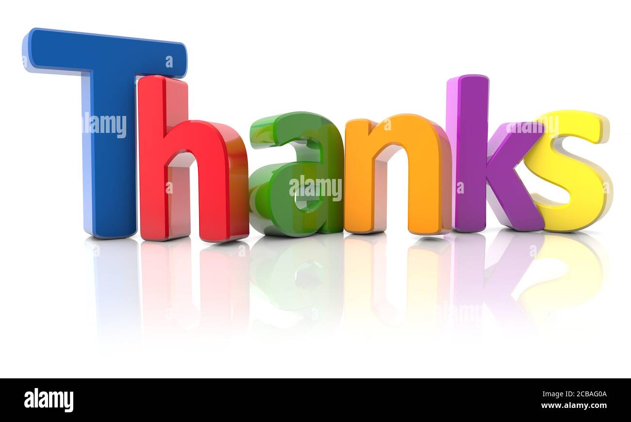 3D rendering illustration of the word THANKS with colorful letters on a ...