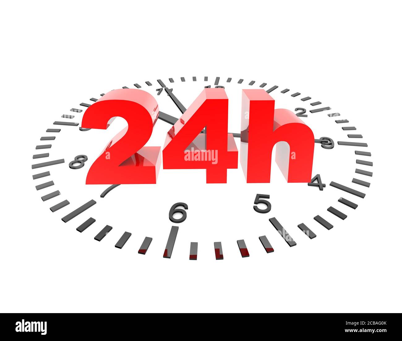 3D rendering of a text '24h' on a clock on a white background Stock ...