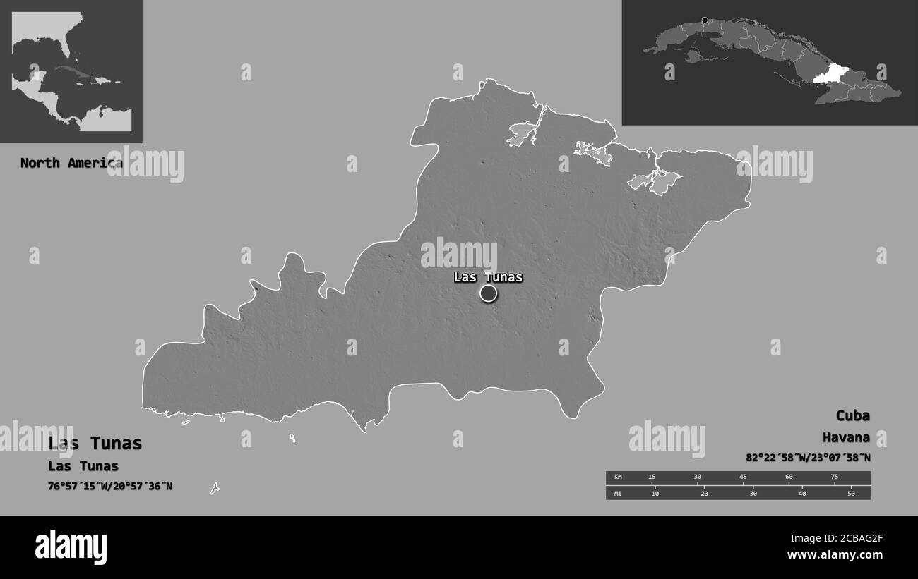 Shape of Las Tunas, province of Cuba, and its capital. Distance scale ...