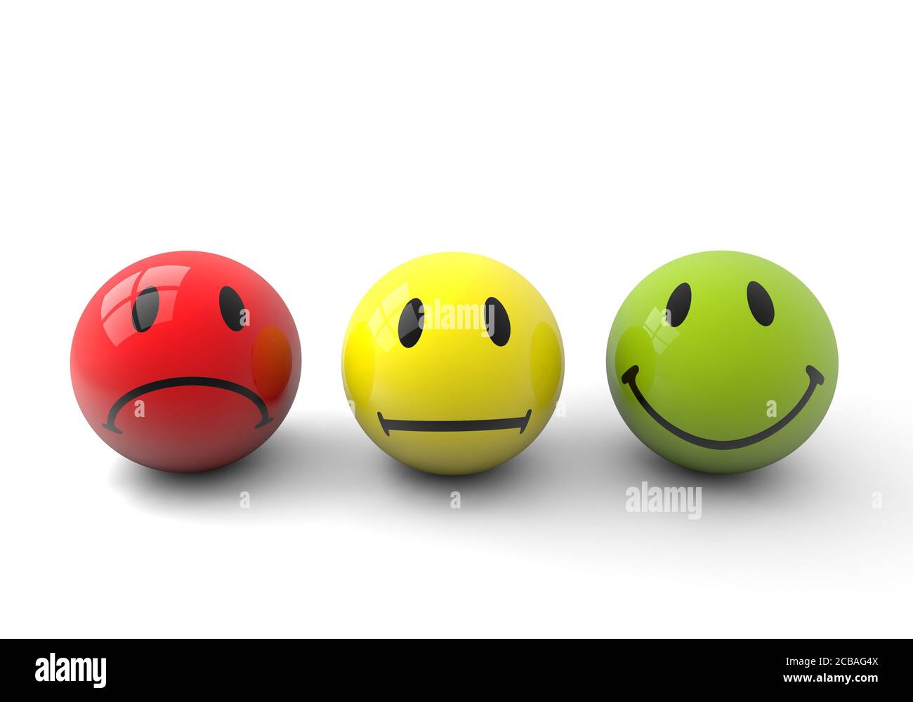 3d render of a smiley face, a straight face, and a sad face on a white ...
