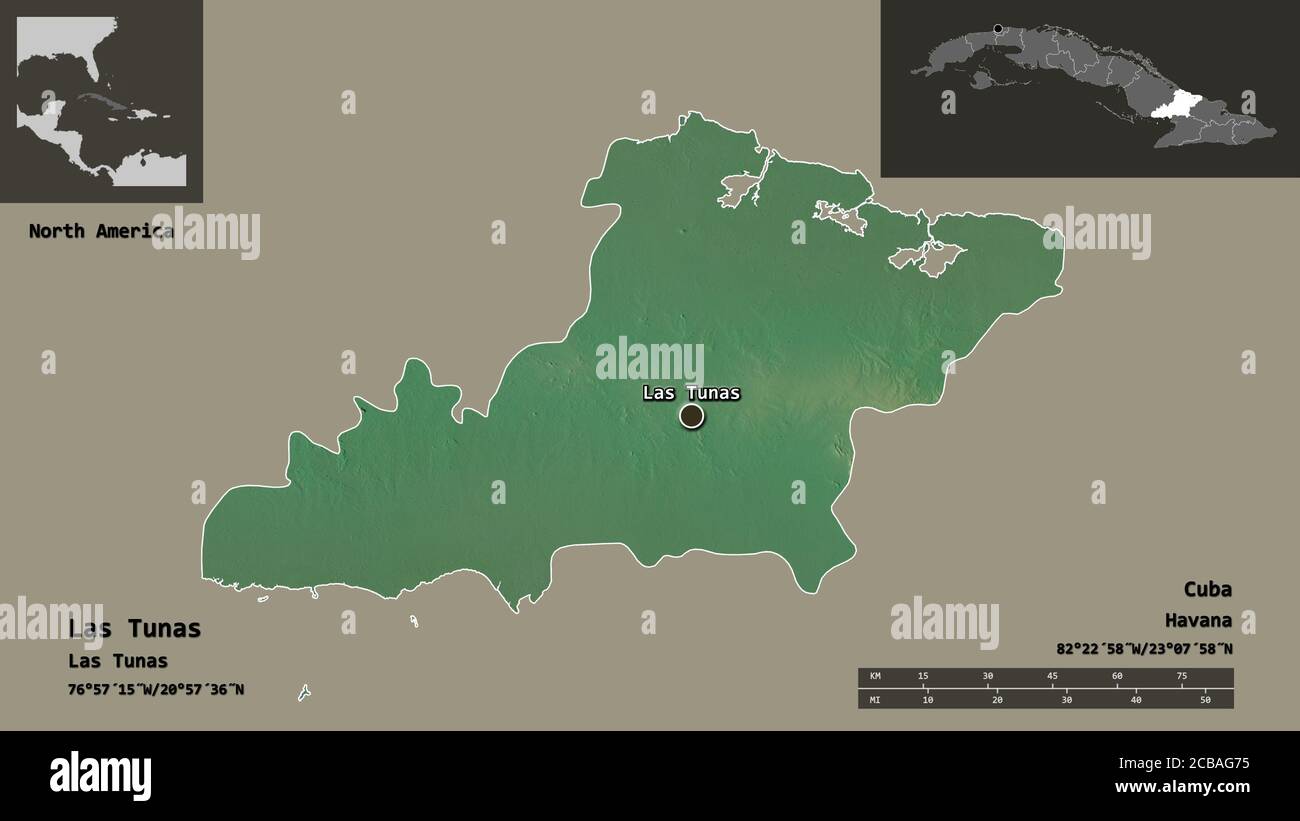Shape of Las Tunas, province of Cuba, and its capital. Distance scale ...
