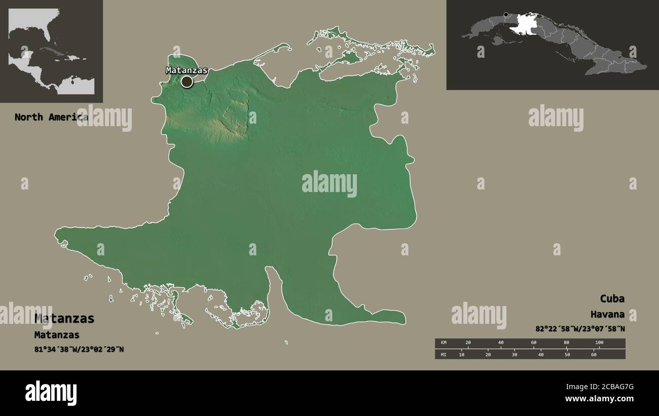 Shape of Matanzas, province of Cuba, and its capital. Distance scale ...
