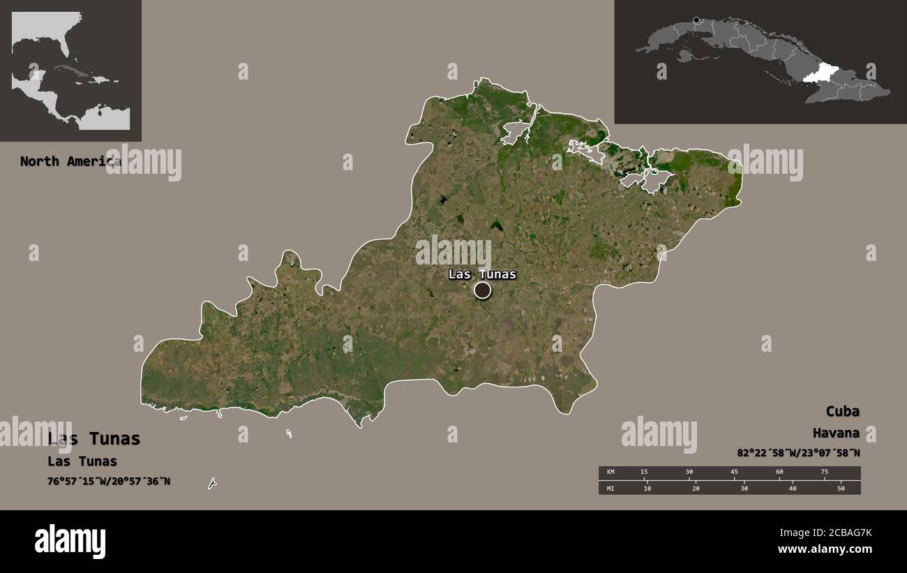 Shape of Las Tunas, province of Cuba, and its capital. Distance scale ...
