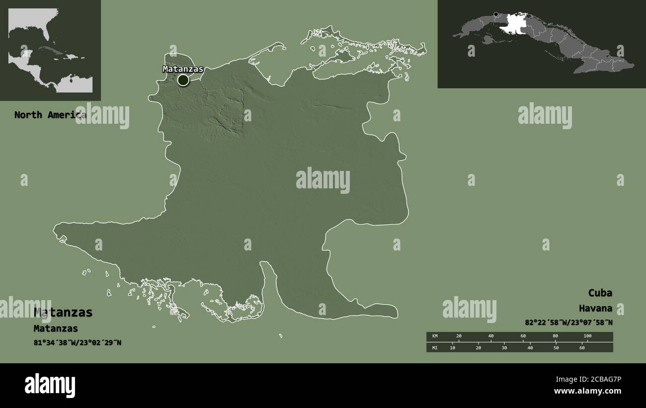 Shape of Matanzas, province of Cuba, and its capital. Distance scale ...