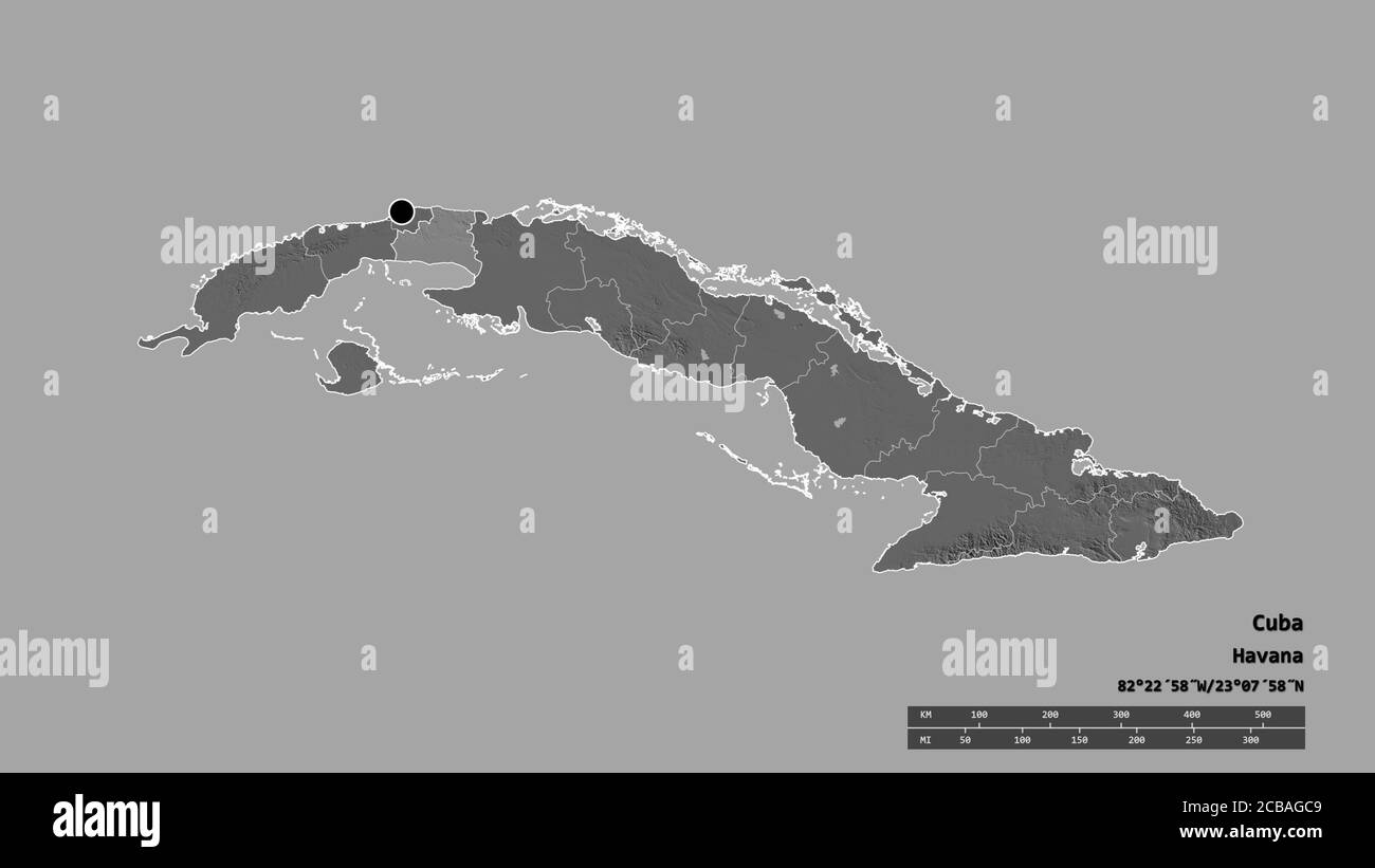 Desaturated shape of Cuba with its capital, main regional division and ...