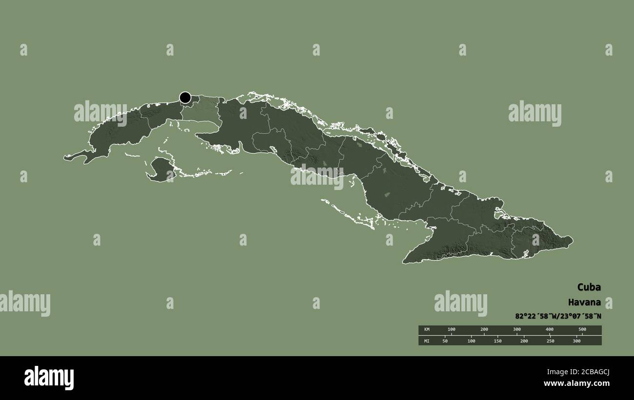Desaturated shape of Cuba with its capital, main regional division and ...