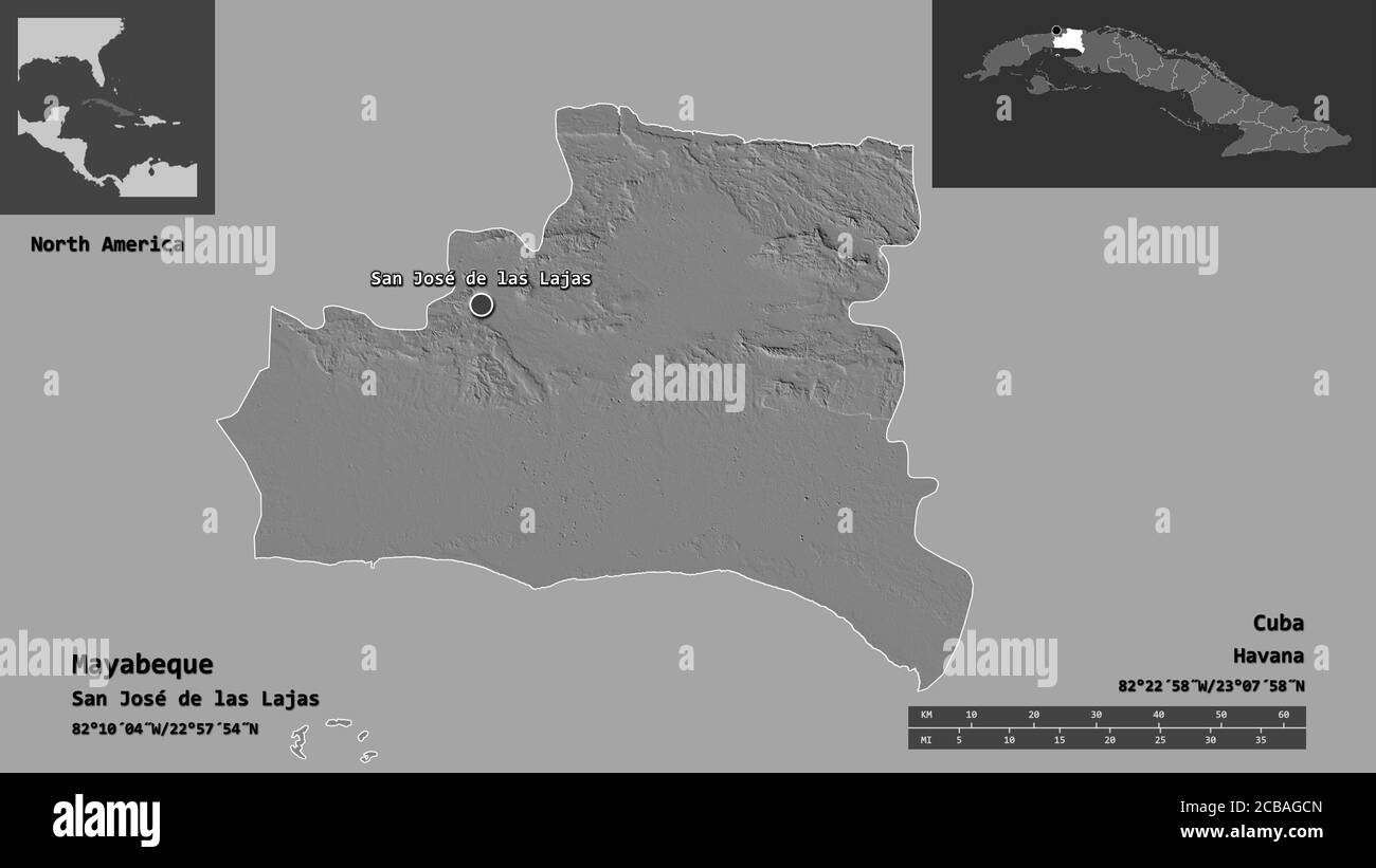 Shape of Mayabeque, province of Cuba, and its capital. Distance scale ...