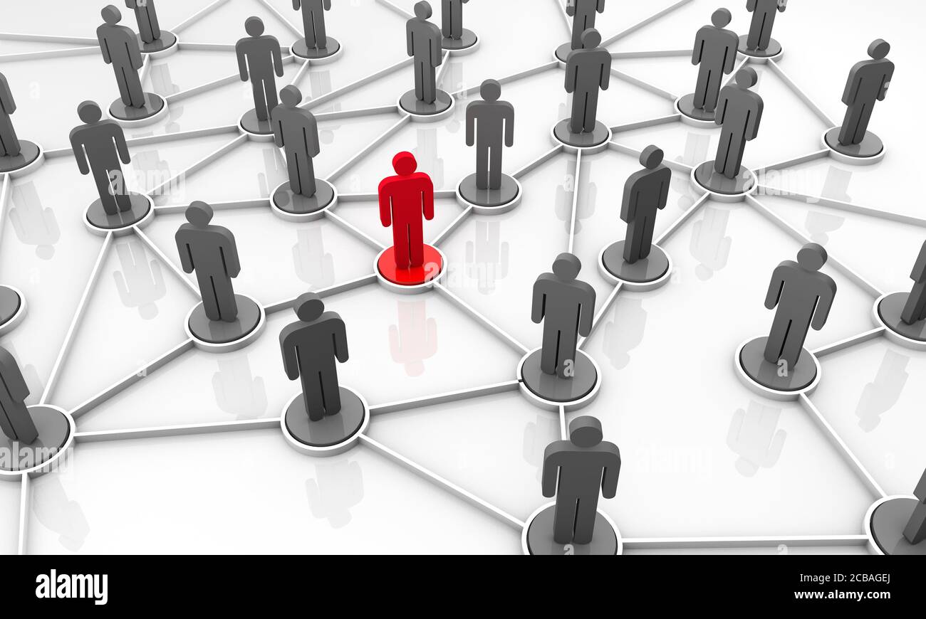 3D rendering of gray human figures interconnected by lines and a red ...