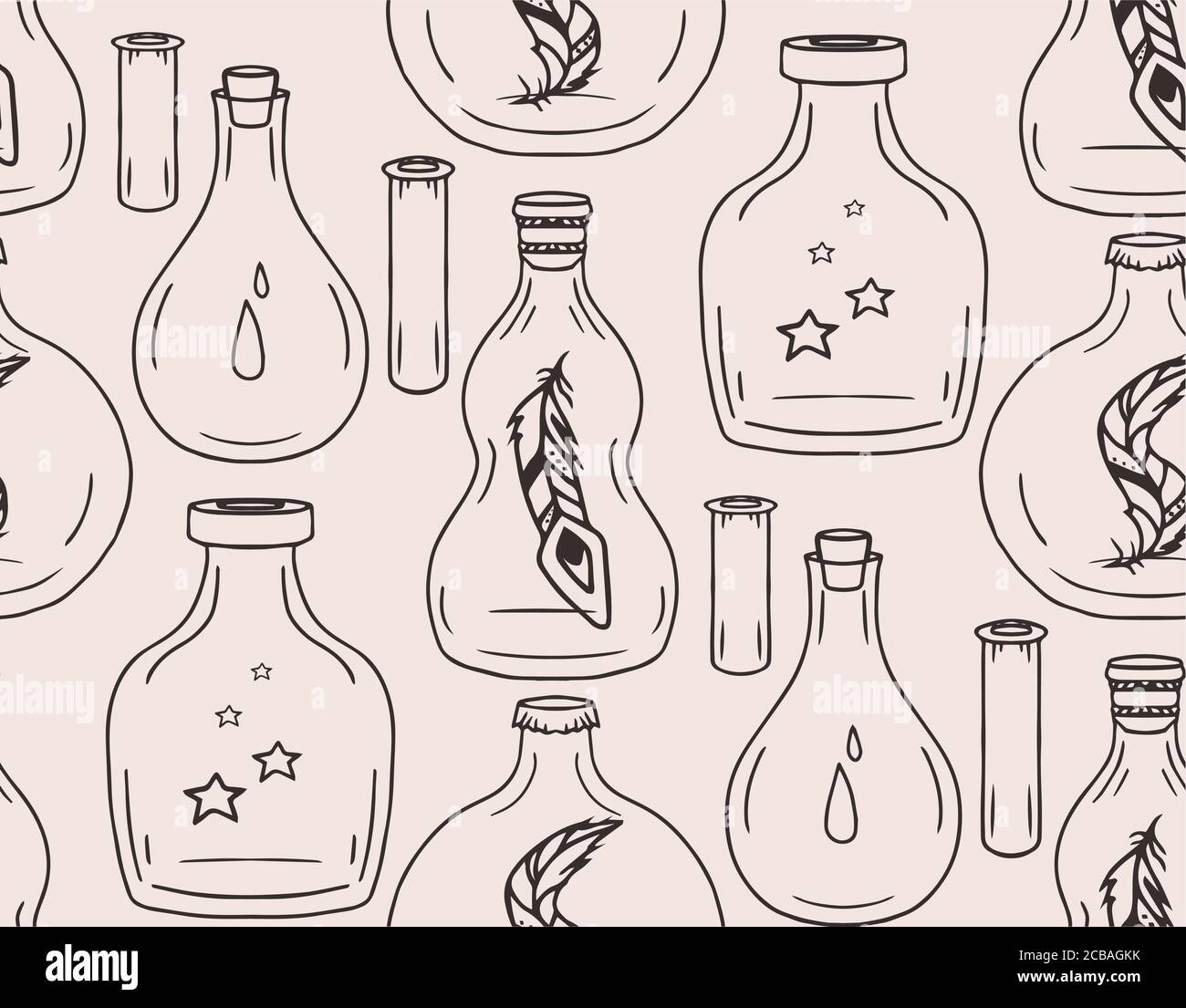 Seamless texture with bottles, jars and flasks with feathers, stars ...