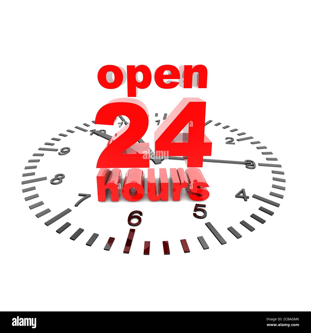 Illustration of the phrase " Open 24 Hours" on a clock on a white ...