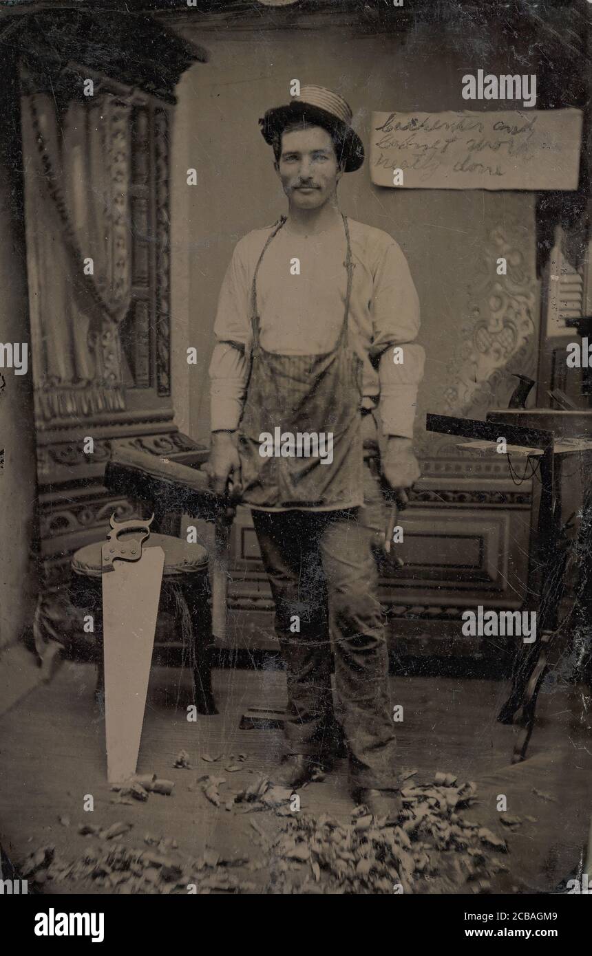 Carpenter or Cabinetmaker Standing Before a Sign Advertising His Trade ...