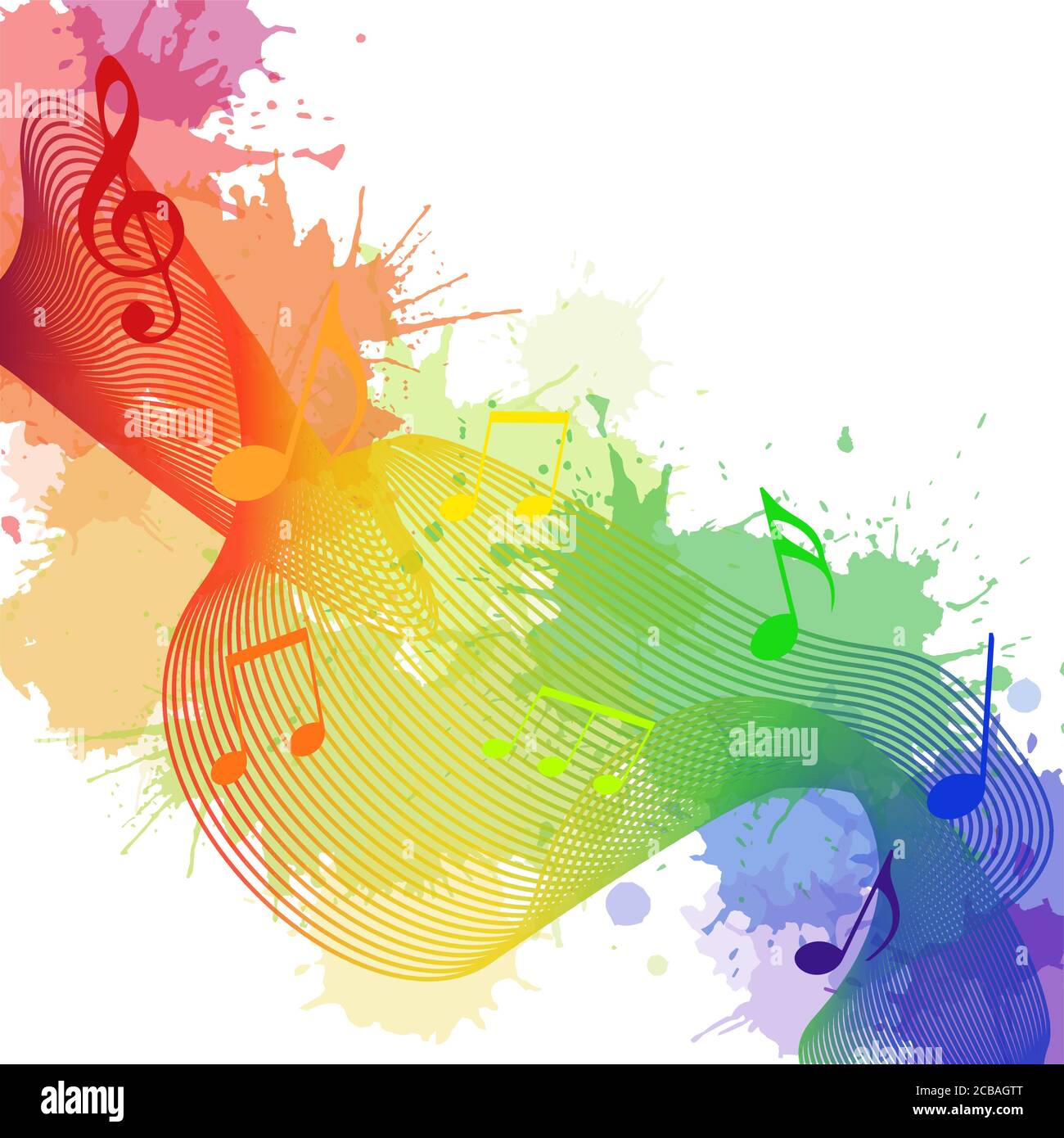 Illustration with rainbow musical notes, waves and watercolor splashes ...