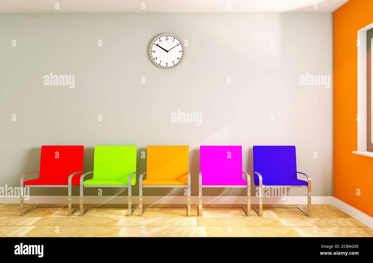 Illustration of a waiting room with colorful chairs and a clock on the ...