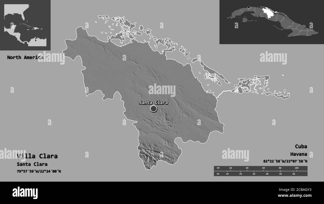 Shape of Villa Clara, province of Cuba, and its capital. Distance scale ...