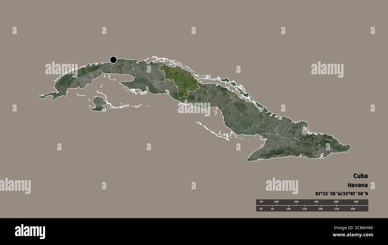 Desaturated shape of Cuba with its capital, main regional division and ...