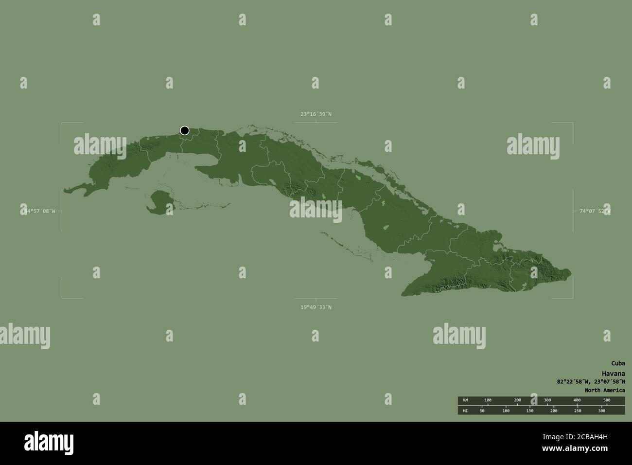 Area of Cuba isolated on a solid background in a georeferenced bounding ...