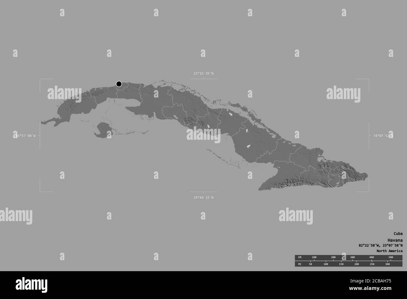 Area of Cuba isolated on a solid background in a georeferenced bounding ...
