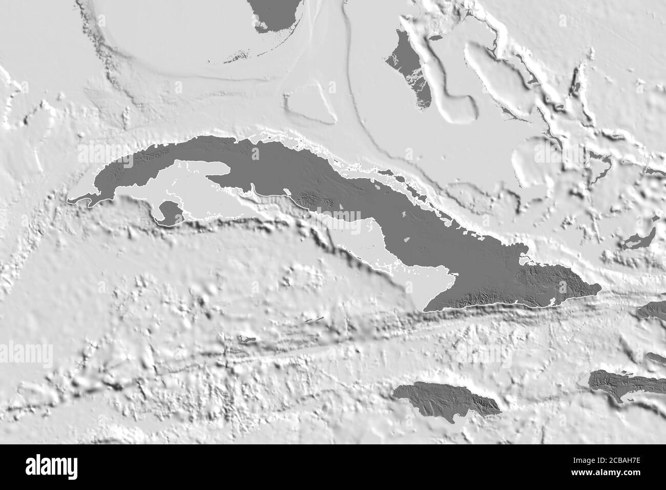 Extended area of outlined Cuba. Bilevel elevation map. 3D rendering ...