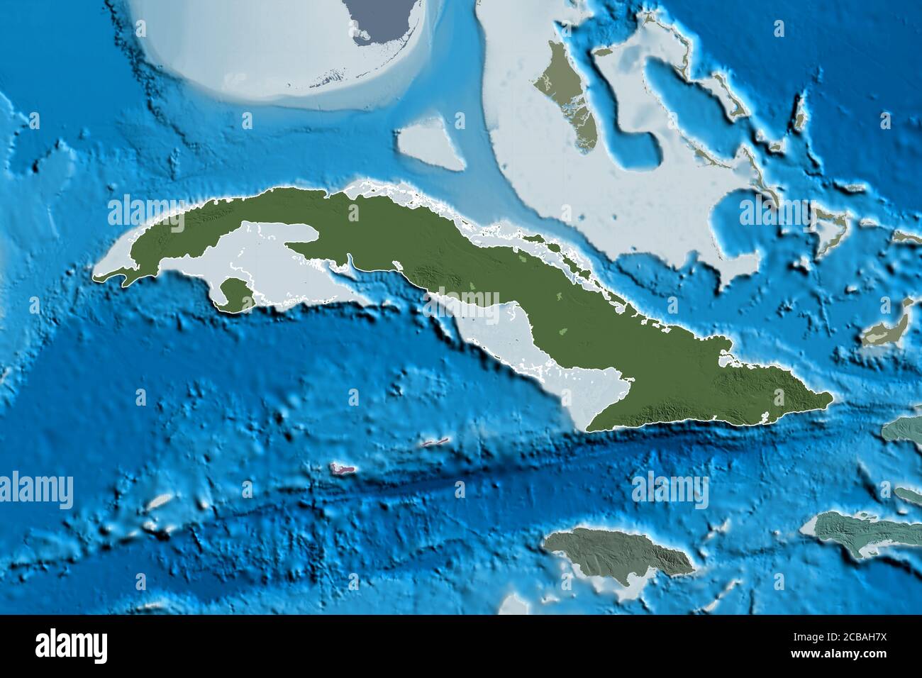 Extended area of outlined Cuba. Colored elevation map. 3D rendering ...