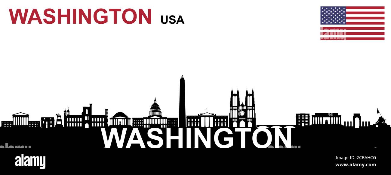 Illustration of Washington cityscape with the flag of the US on a white ...