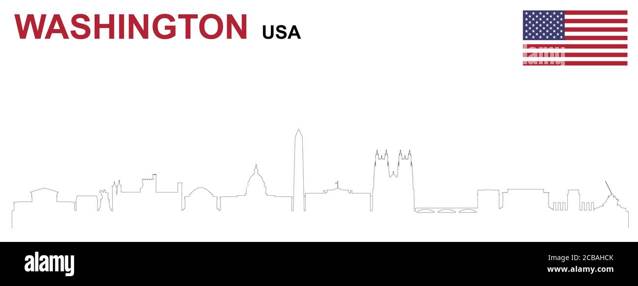Illustration of the Washington city skyline and the American flag on a ...