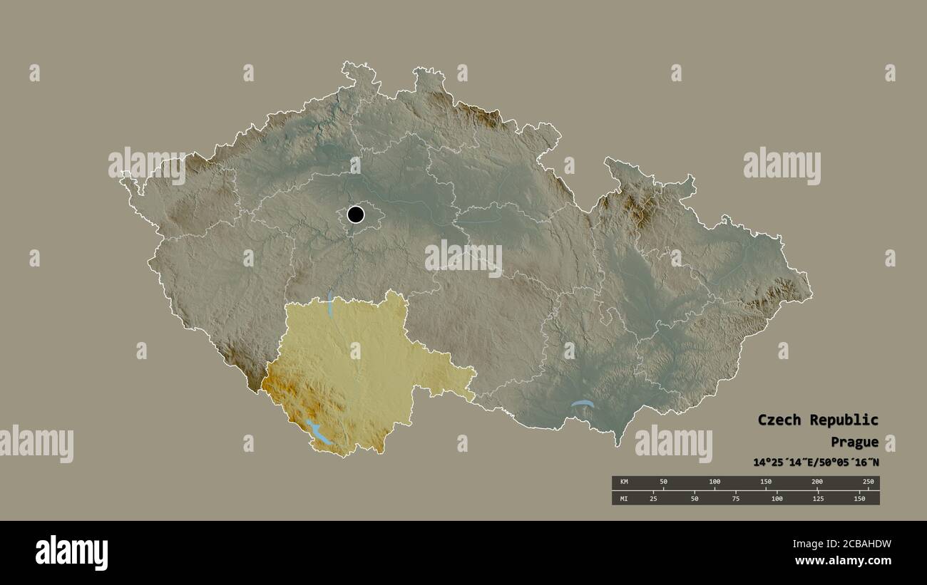Desaturated shape of Czech Republic with its capital, main regional ...