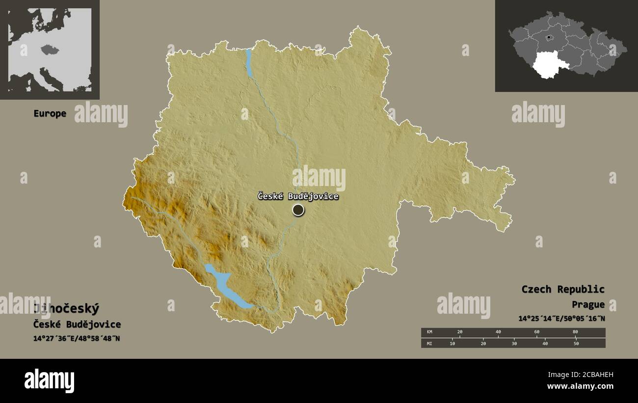 Shape of Jihočeský, region of Czech Republic, and its capital. Distance ...