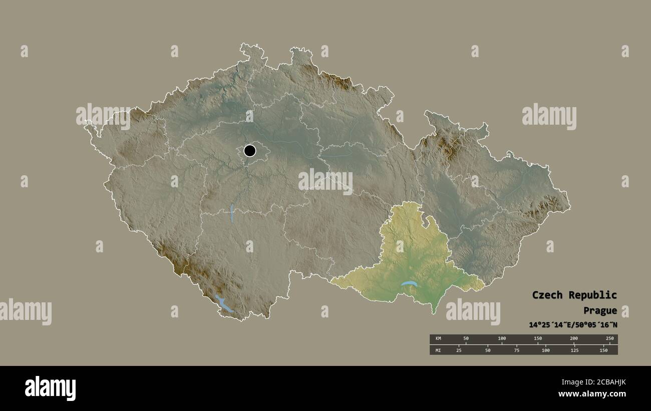 Desaturated shape of Czech Republic with its capital, main regional ...
