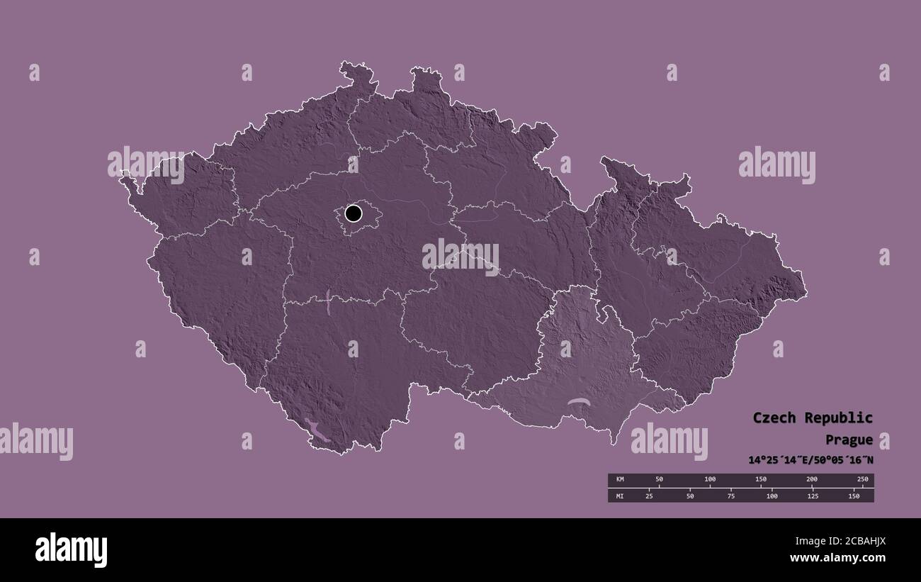 Desaturated shape of Czech Republic with its capital, main regional ...
